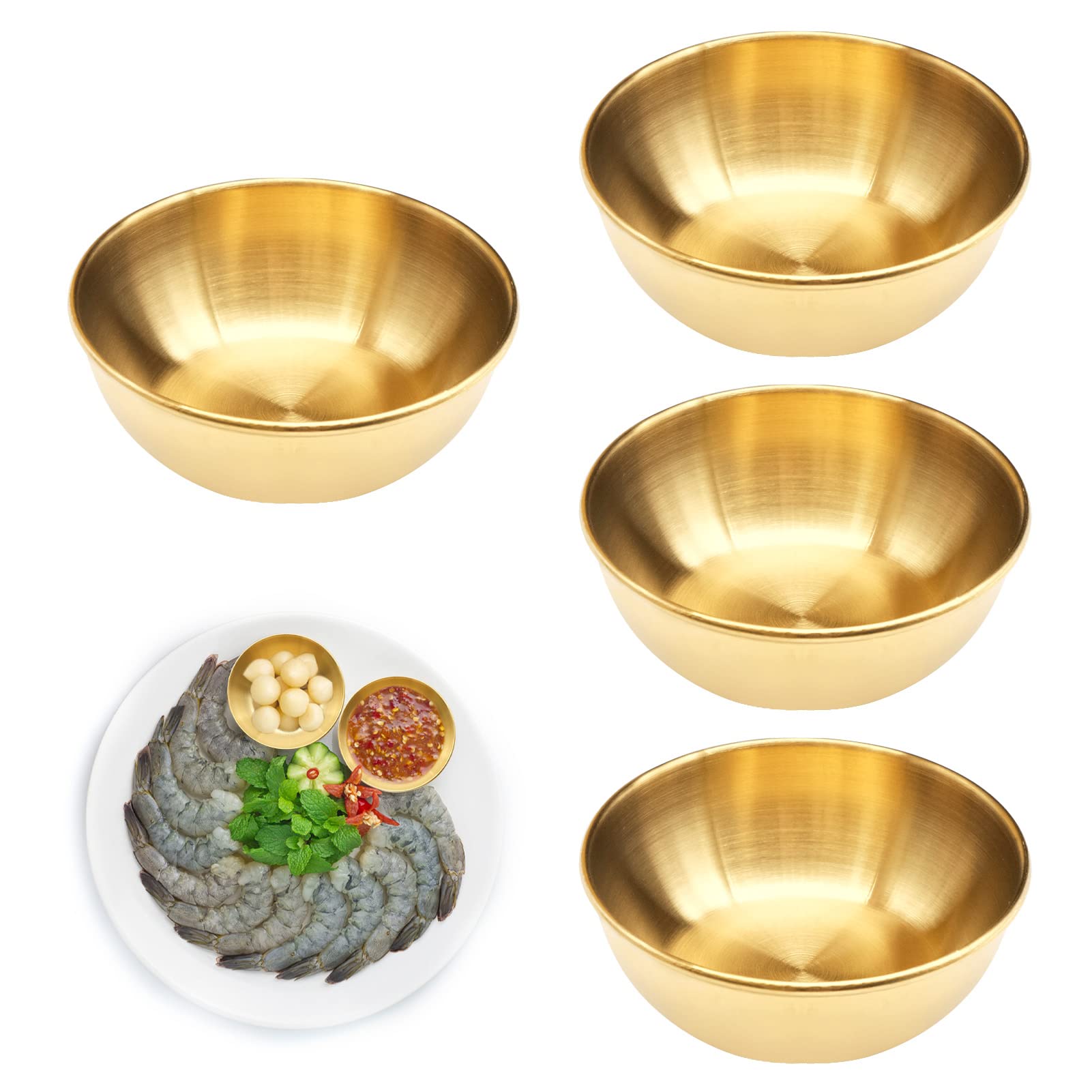 JJYHEHOT 4 Pcs Gold Stainless Steel Sauce Dip Bowls, Small Soy Sauce Dish Appetizer Plates, Sushi Seasoning Dipping Bowl