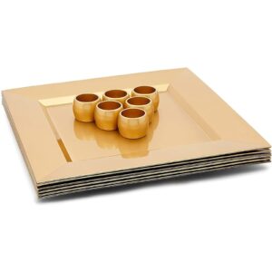 Square Metallic Gold Plastic Charger Plates and Napkin Rings Set (Serves 6)