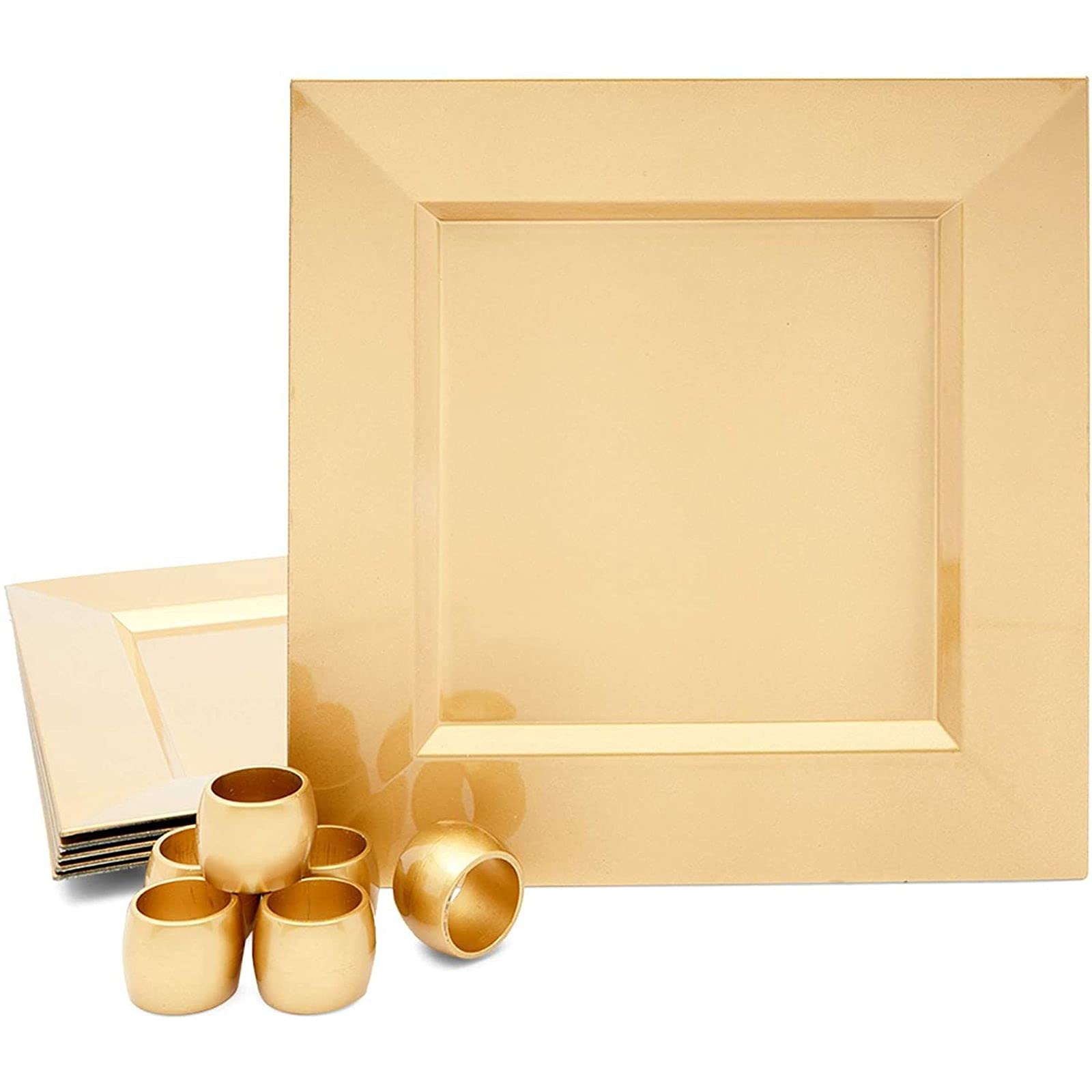 Square Metallic Gold Plastic Charger Plates and Napkin Rings Set (Serves 6)