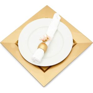 Square Metallic Gold Plastic Charger Plates and Napkin Rings Set (Serves 6)