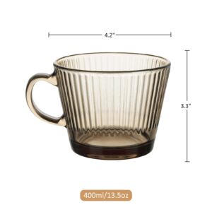 Joeyan Glass Coffee Mugs Cappuccino Latte Cups Tea Cup,Amber Aesthetic Mug for Espresso Demitasse,Wide Mouth Ribbed Drinking Glasses for Milk Cereal Ice Cream Yogurt,13.5 oz,Set of 2,Dishwasher Safe