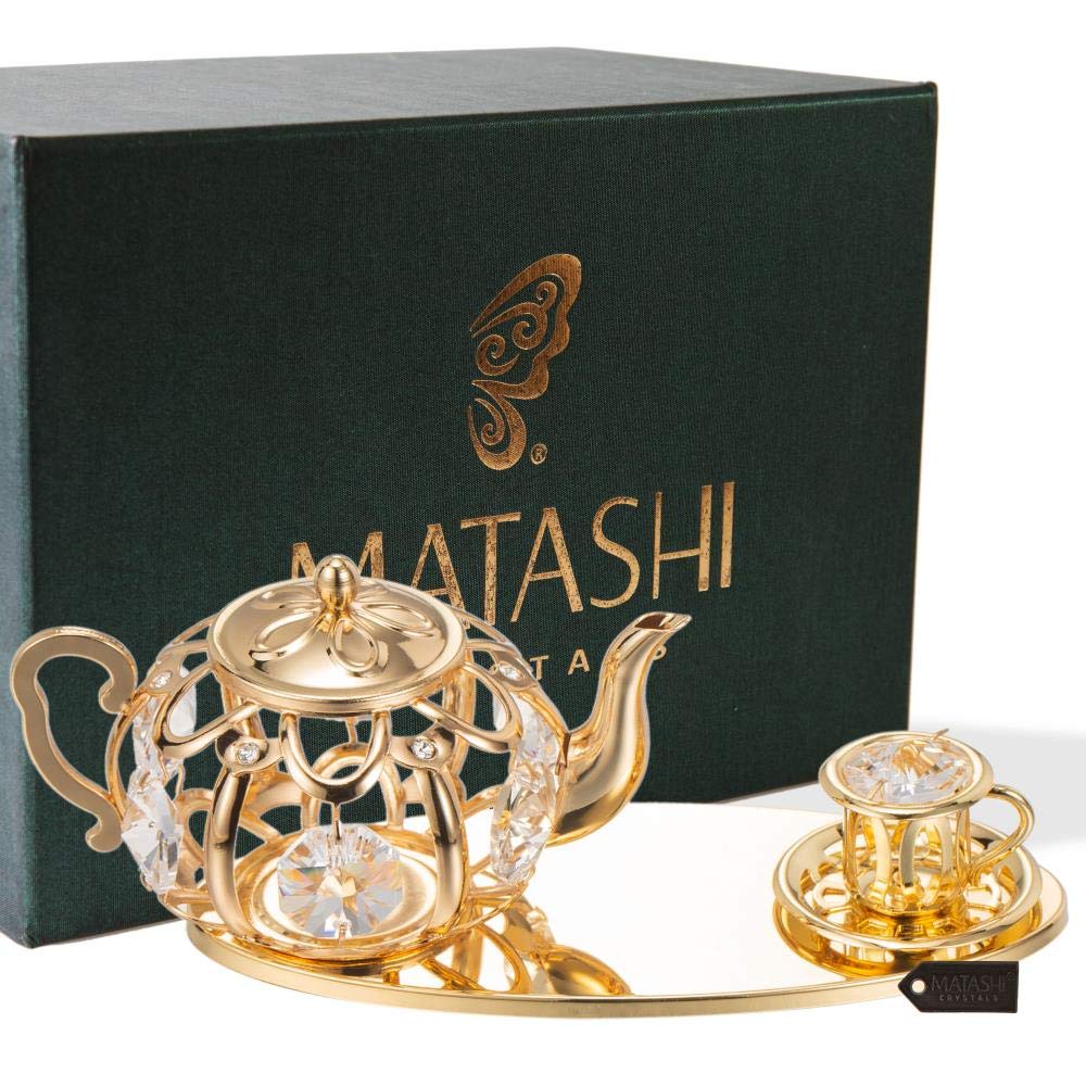 Matashi 24K Gold Plated Crystal Studded Tea Set Ornaments Tabletop Showpiece Home Decor Gift for Mother's Day, Christmas, Thanksgiving, Birthday, Anniversary