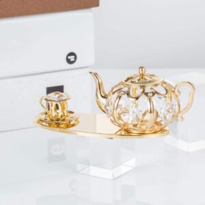 Matashi 24K Gold Plated Crystal Studded Tea Set Ornaments Tabletop Showpiece Home Decor Gift for Mother's Day, Christmas, Thanksgiving, Birthday, Anniversary