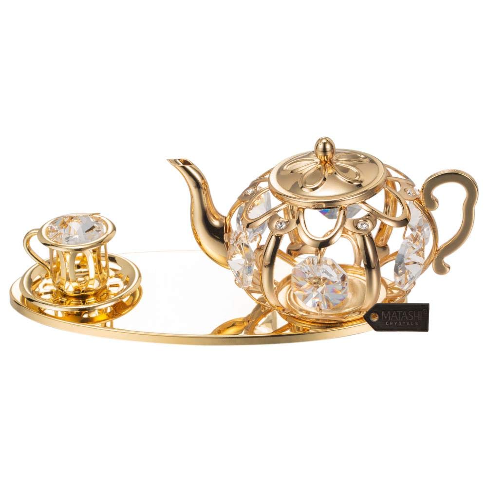 Matashi 24K Gold Plated Crystal Studded Tea Set Ornaments Tabletop Showpiece Home Decor Gift for Mother's Day, Christmas, Thanksgiving, Birthday, Anniversary