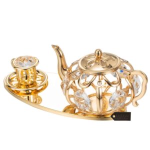 Matashi 24K Gold Plated Crystal Studded Tea Set Ornaments Tabletop Showpiece Home Decor Gift for Mother's Day, Christmas, Thanksgiving, Birthday, Anniversary