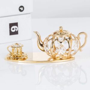 Matashi 24K Gold Plated Crystal Studded Tea Set Ornaments Tabletop Showpiece Home Decor Gift for Mother's Day, Christmas, Thanksgiving, Birthday, Anniversary