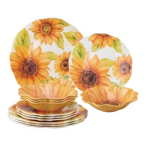 upware 12-piece melamine dinnerware set, includes dinner plates, salad plates, bowls, service for 4. (sunflower)