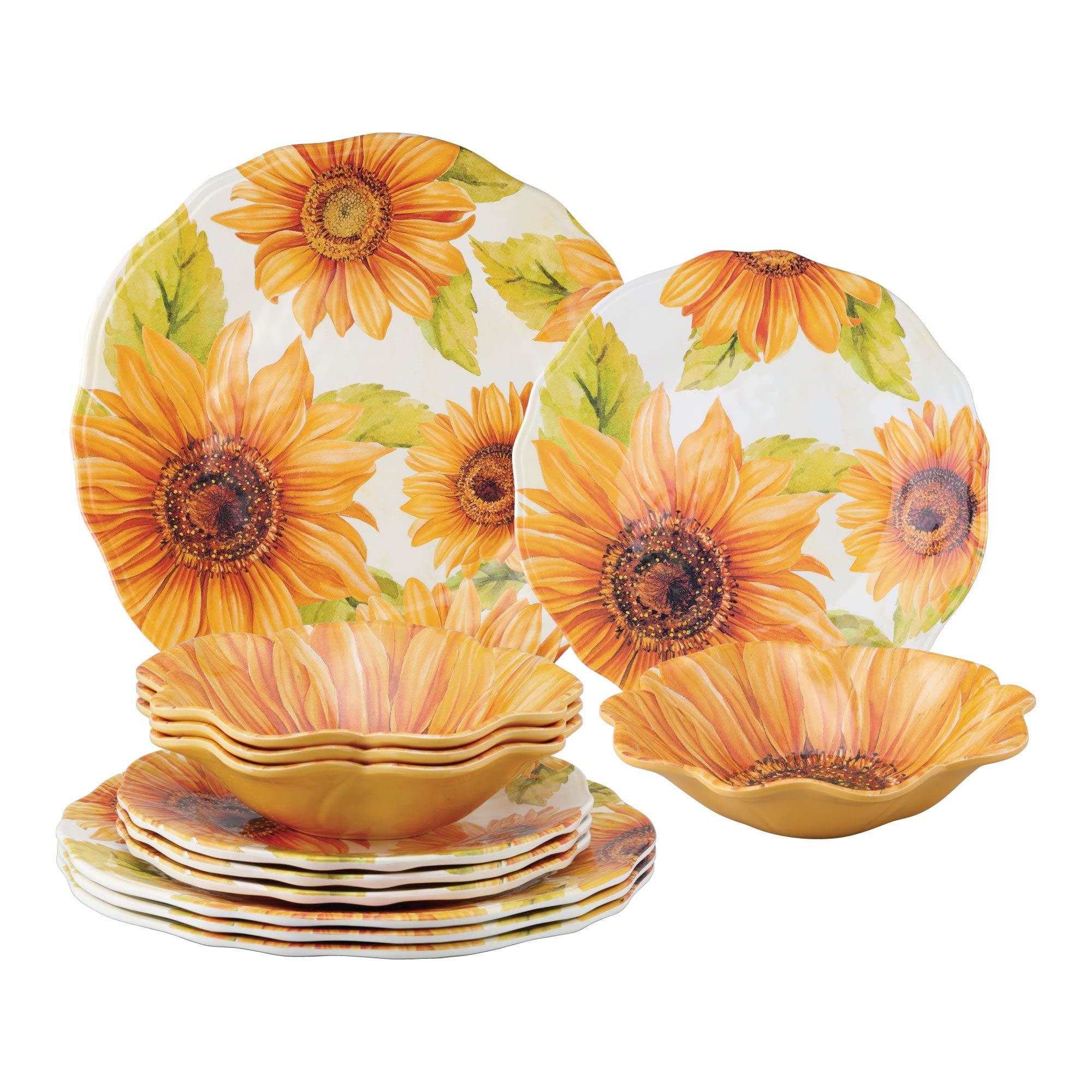 UPware 12-Piece Melamine Dinnerware Set, Includes Dinner Plates, Salad Plates, Bowls, Service for 4. (Sunflower)