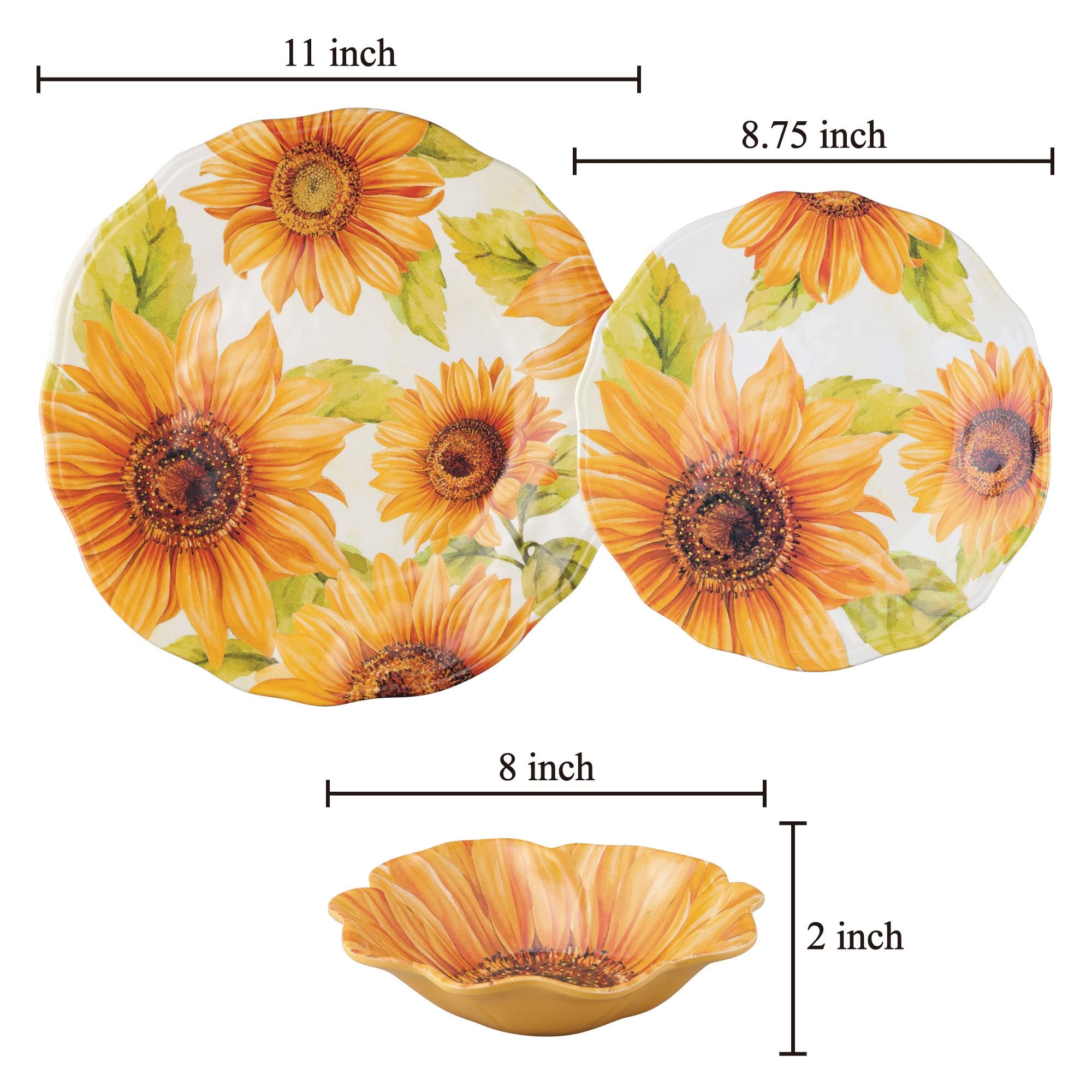 UPware 12-Piece Melamine Dinnerware Set, Includes Dinner Plates, Salad Plates, Bowls, Service for 4. (Sunflower)