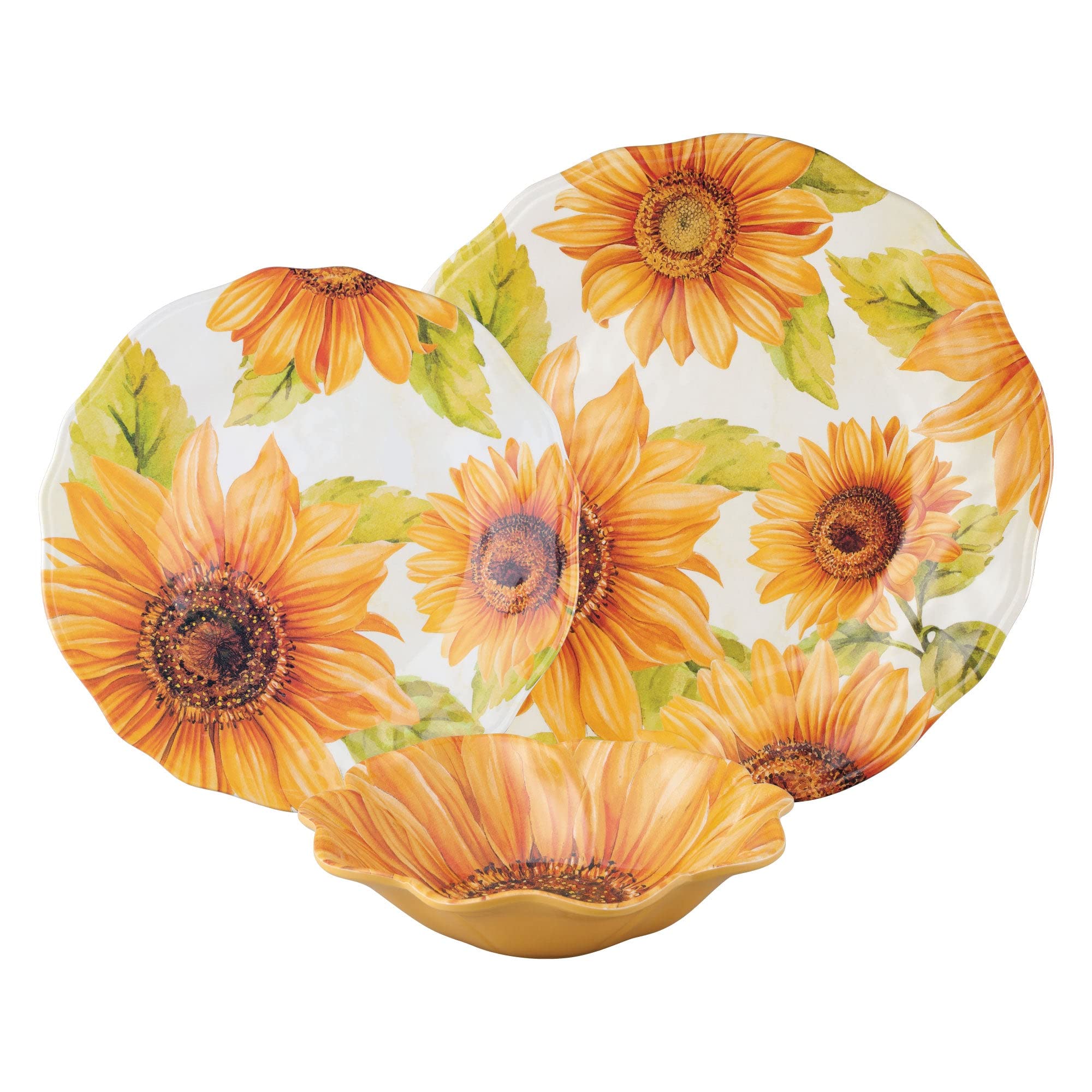 UPware 12-Piece Melamine Dinnerware Set, Includes Dinner Plates, Salad Plates, Bowls, Service for 4. (Sunflower)