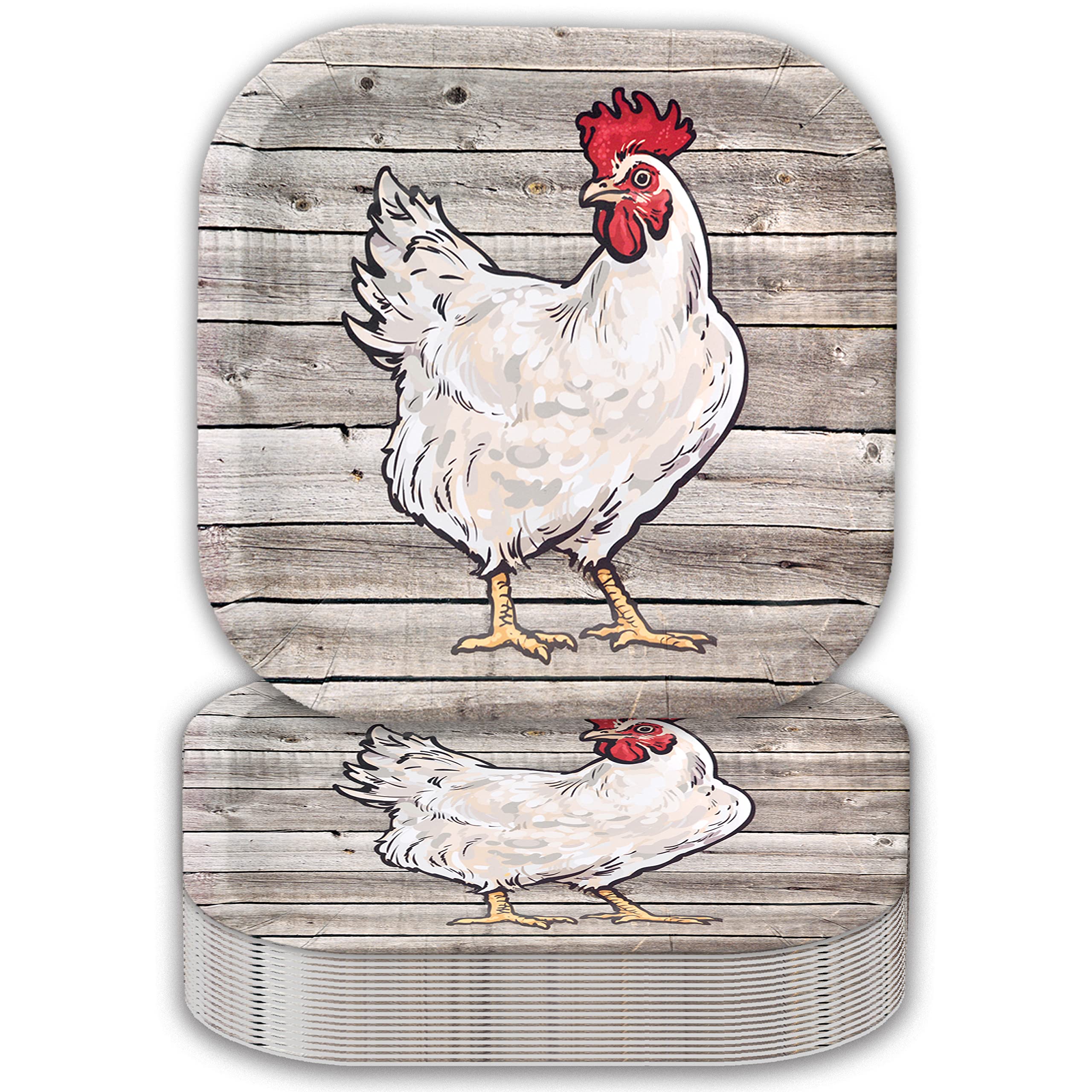 Havercamp Chicken 9” Plates on Barnwood (24 pcs.)! Authentic and Clucky Chicken on a Rustic Barnwood Background. 24 Lg. 9 in. Square Dinner Plates. Pair with the Farm Table Collection!