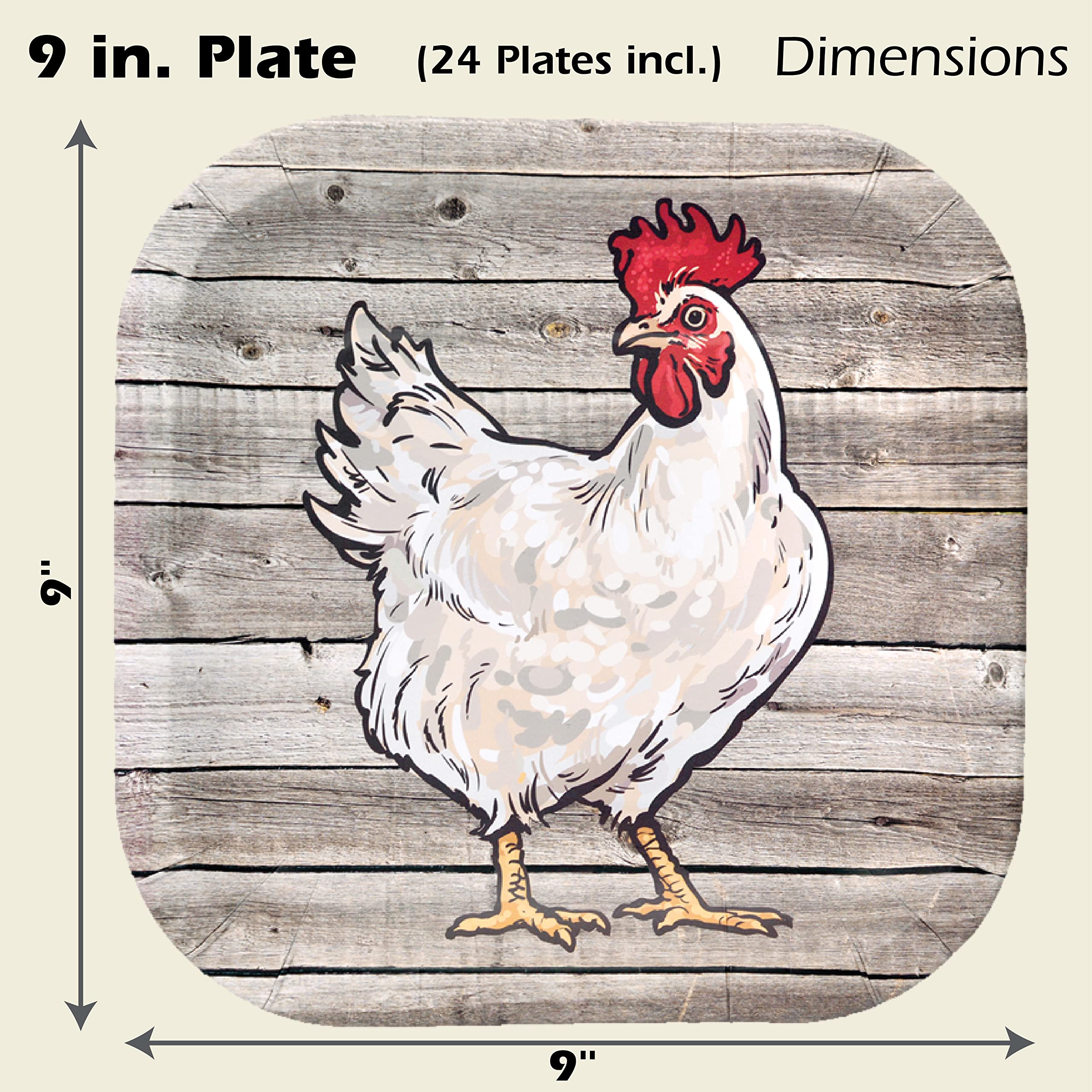 Havercamp Chicken 9” Plates on Barnwood (24 pcs.)! Authentic and Clucky Chicken on a Rustic Barnwood Background. 24 Lg. 9 in. Square Dinner Plates. Pair with the Farm Table Collection!