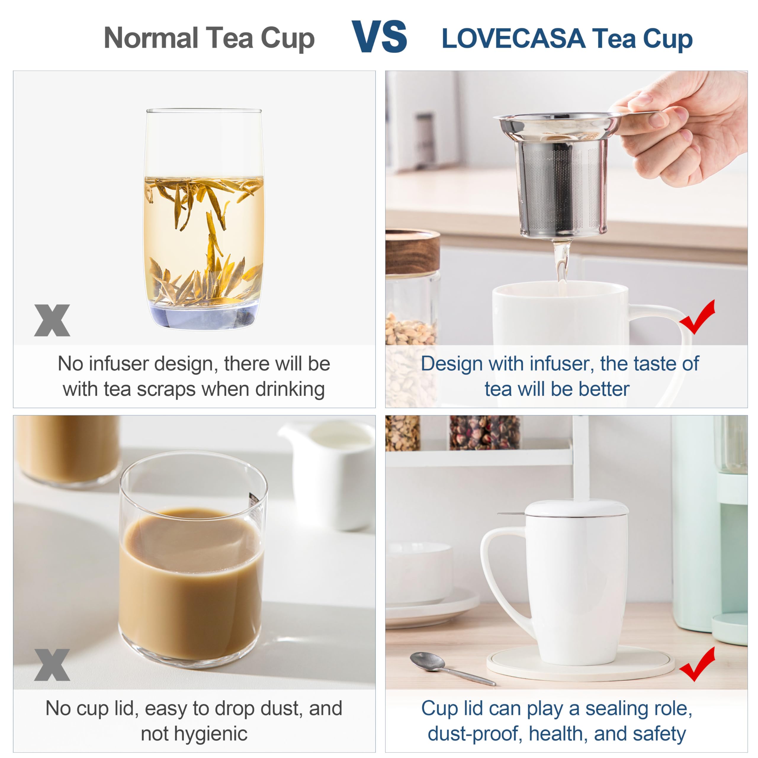 LOVECASA 16 OZ Tea Mug with Infuser and Lid, Tea Infuser Mug with Handle Ceramic Mug with Filter for Tea, Milk, Coffee, Loose Leaf Tea Infusers, White