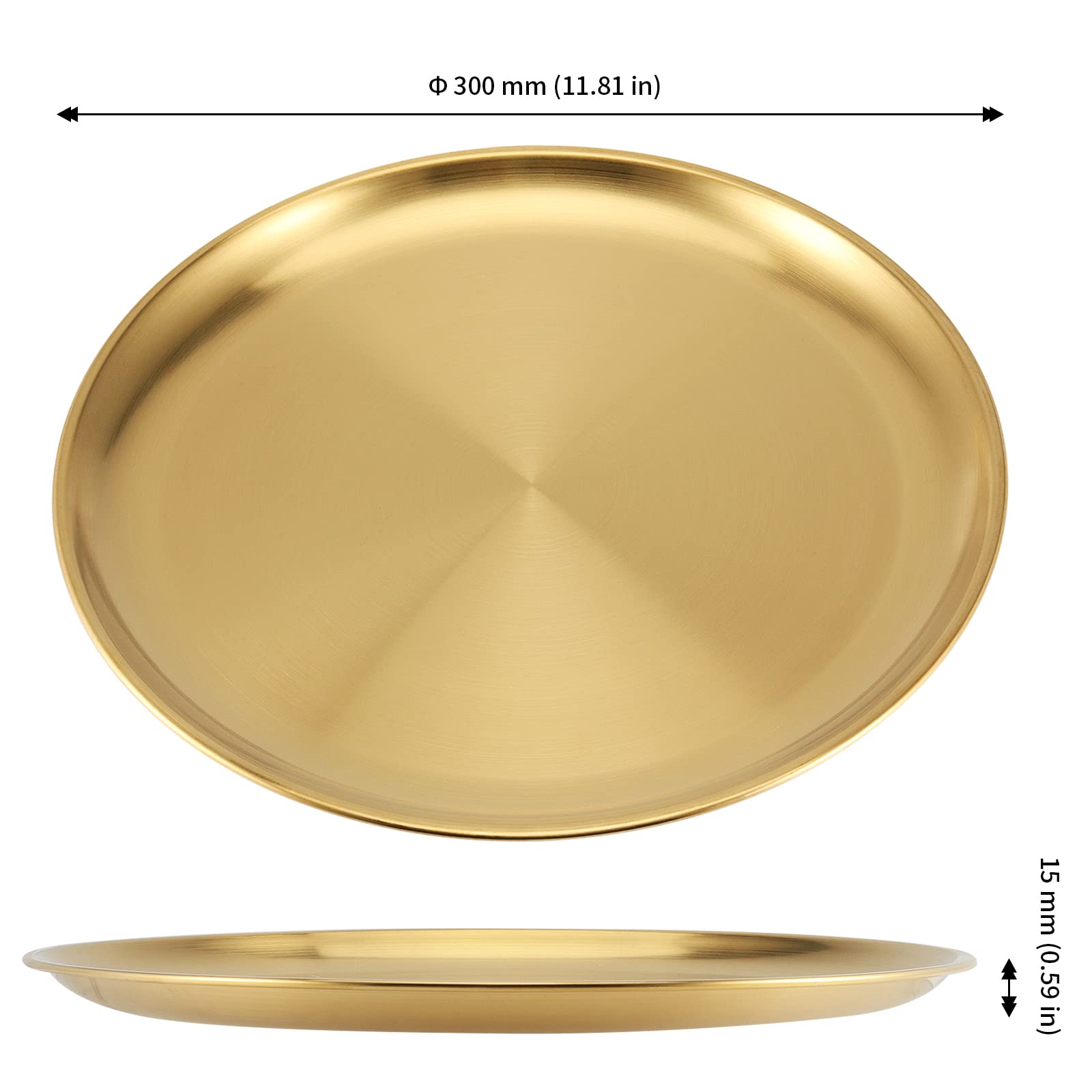 JOIKIT 4 Pack 12 Inch Gold Stainless Steel Plate, Round Metal Dinner Plates, Kitchenware Dinner Dishes Serving Tray Large Camping Plates for BBQ, Snack, Food Serving, Dishwasher Safe