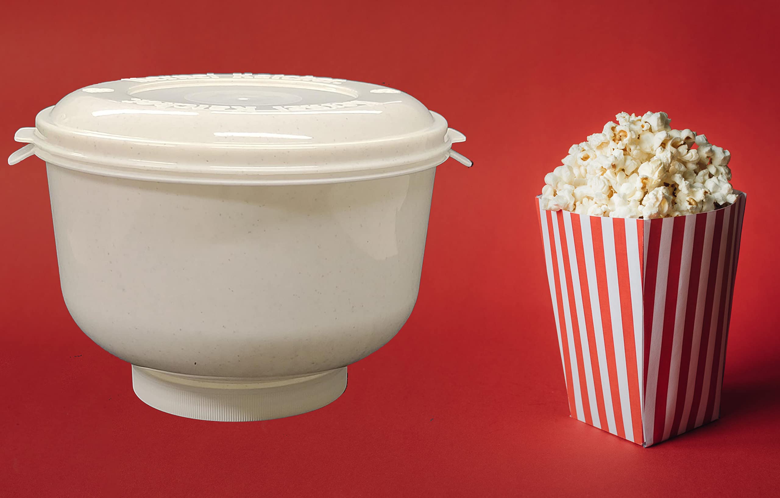 APSI Store Kernel Katcher Popcorn Bowl Set - Popcorn Sifter Shaker Kernel Catcher and Separator, Large and Reusable With Lid, Dishwasher Safe, Recycled Plastic with Handle (White Granite)