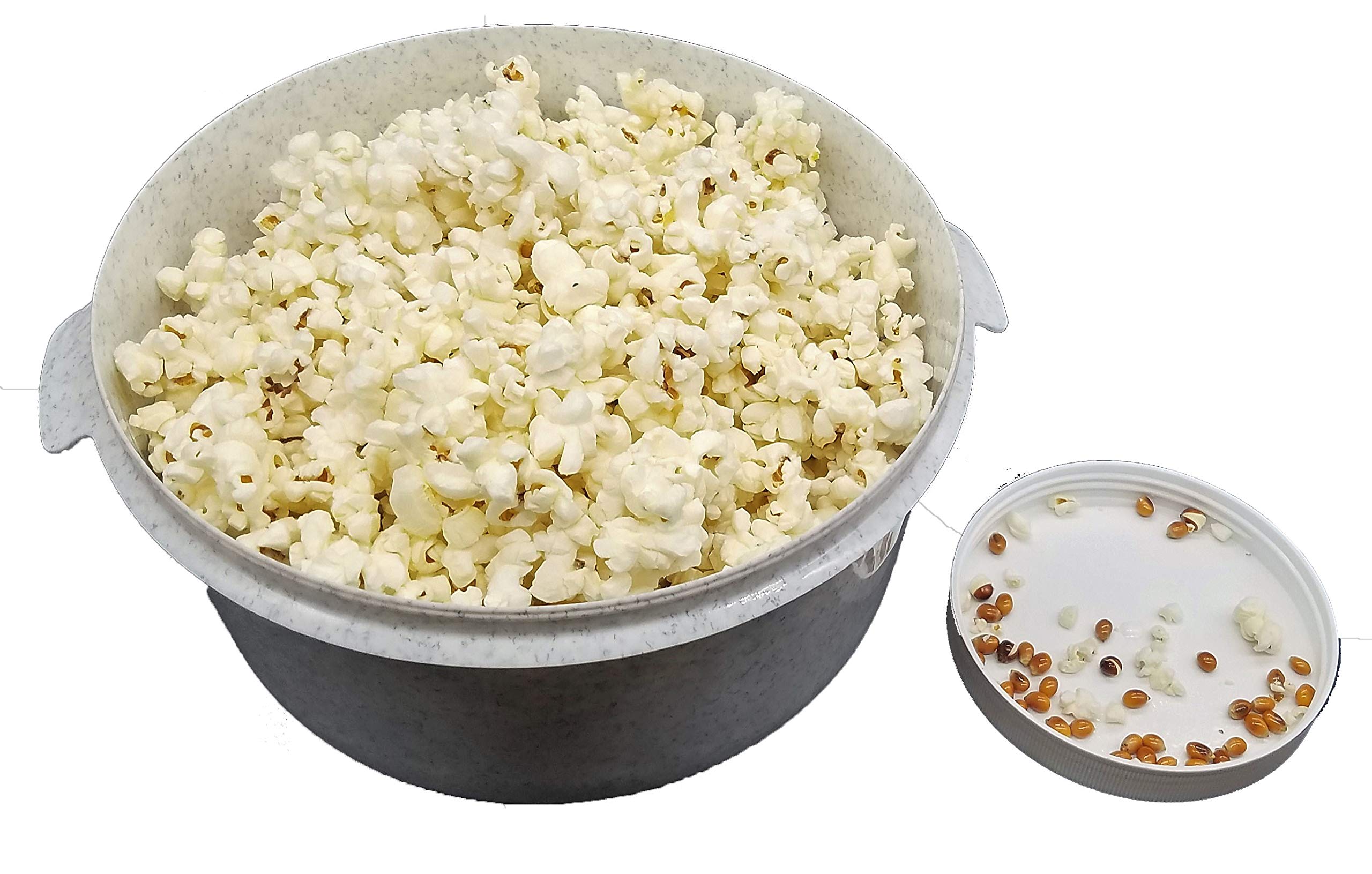 APSI Store Kernel Katcher Popcorn Bowl Set - Popcorn Sifter Shaker Kernel Catcher and Separator, Large and Reusable With Lid, Dishwasher Safe, Recycled Plastic with Handle (White Granite)