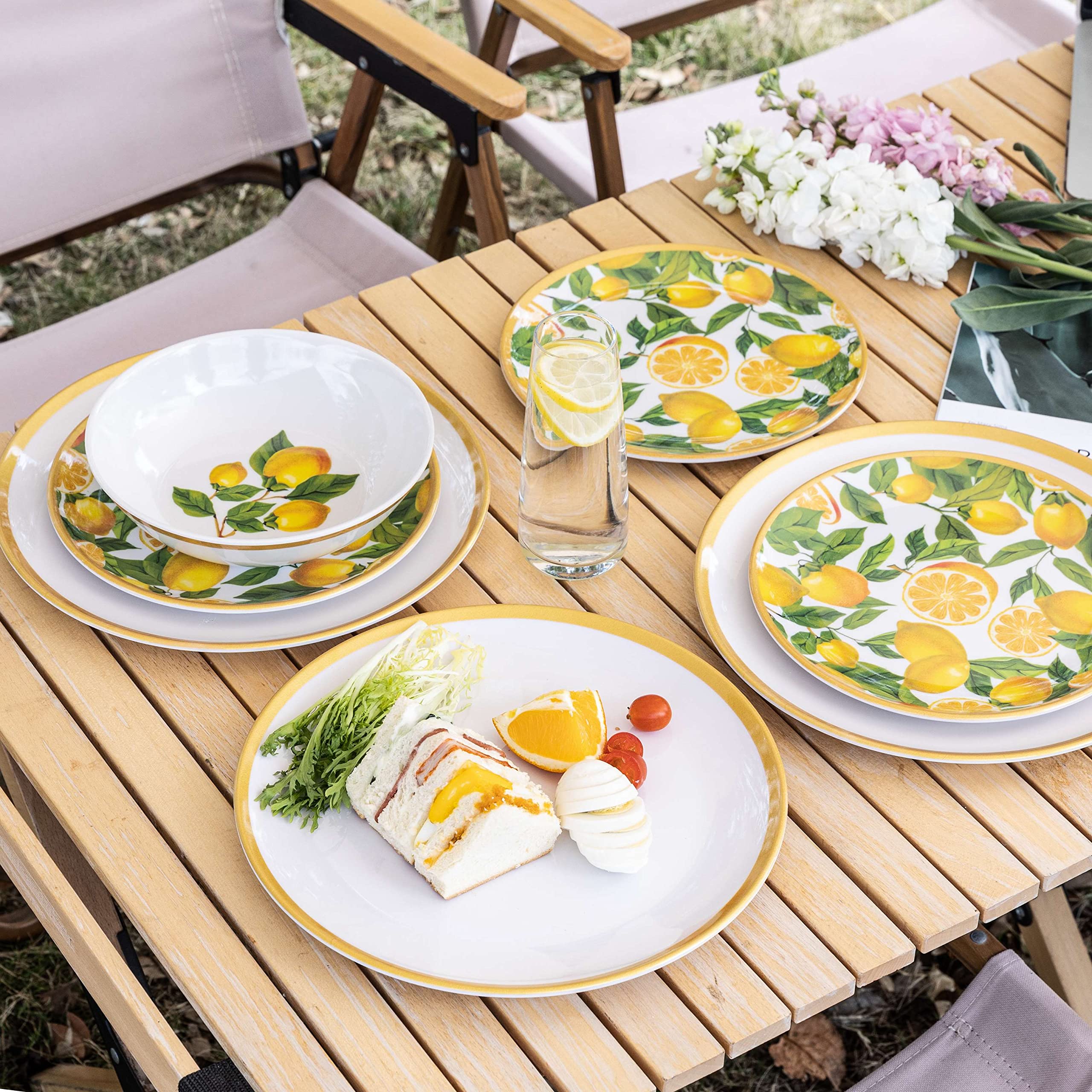 Melamine Dinnerware Sets- 12pcs Melamine Plates and Bowls Set for 4,Indoor and Outdoor Dinnerware, Lemon dinnerware set