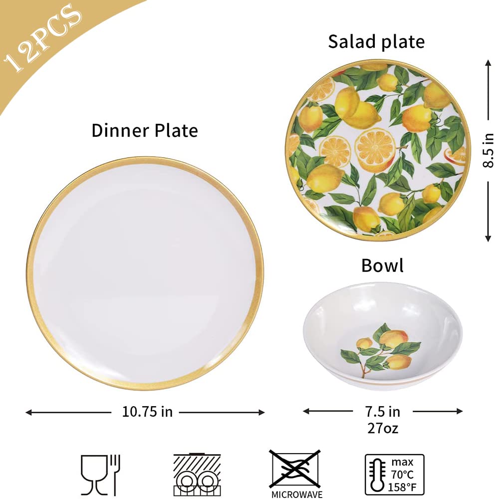 Melamine Dinnerware Sets- 12pcs Melamine Plates and Bowls Set for 4,Indoor and Outdoor Dinnerware, Lemon dinnerware set