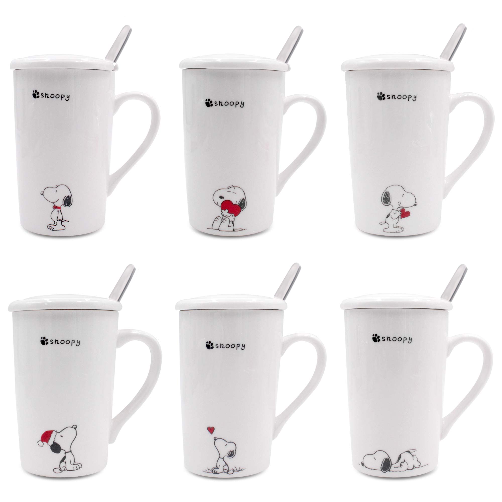 FINEX Random Style Snoopy White Ceramic Coffee Mug Water Cup Set with Lid and Spoon