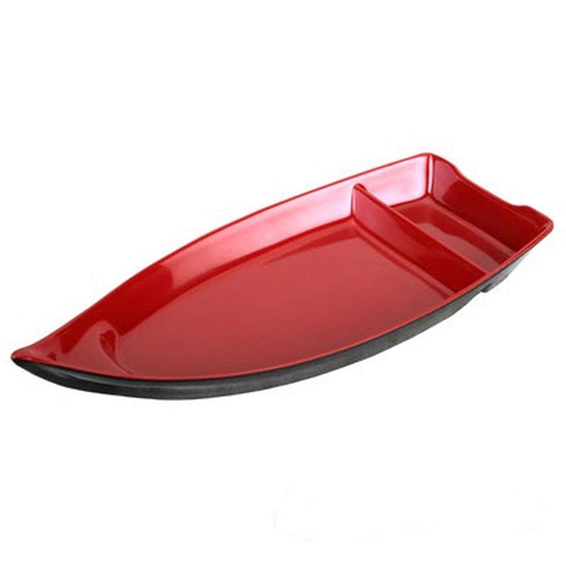 Happy Sales HSSB-10RB, Sushi Boat Shape Plate Sushi Sashimi Serving Plate Melamine Plastic Tray 10 x 4.5 Inch (Red Black)