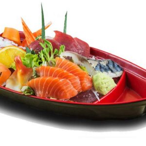 Happy Sales HSSB-10RB, Sushi Boat Shape Plate Sushi Sashimi Serving Plate Melamine Plastic Tray 10 x 4.5 Inch (Red Black)