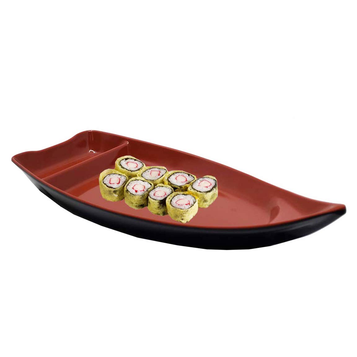 Happy Sales HSSB-10RB, Sushi Boat Shape Plate Sushi Sashimi Serving Plate Melamine Plastic Tray 10 x 4.5 Inch (Red Black)