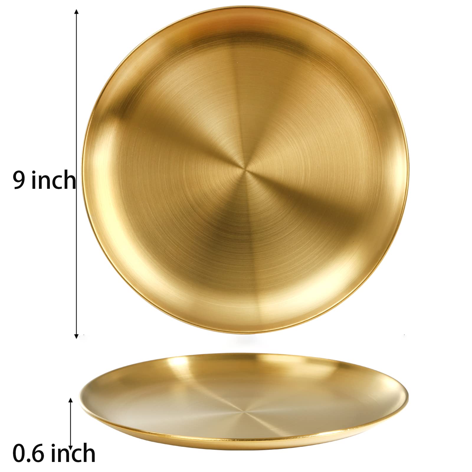 TOPZEA 4 Pack 304 Stainless Steel Dinner Plates, 9 Inch Gold Metal Salad Snack Plate Reusable Kitchen Dinnerware, Food Serving Platter Round Appetizer Dishes for Restaurant, Camping, Picnic