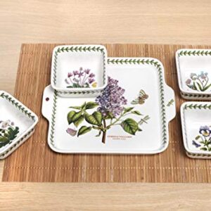 Portmeirion Botanic Garden 5-Piece Accent Bowl Set | 8 Inch Handled Plate with 3.75 Inch Square Bowls | Assorted Floral Motifs | Made from Porcelain | Microwave and Dishwasher Safe