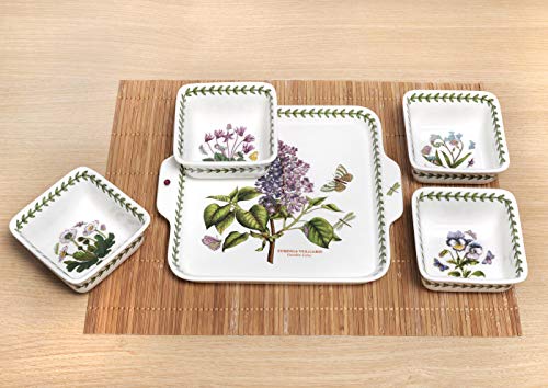 Portmeirion Botanic Garden 5-Piece Accent Bowl Set | 8 Inch Handled Plate with 3.75 Inch Square Bowls | Assorted Floral Motifs | Made from Porcelain | Microwave and Dishwasher Safe