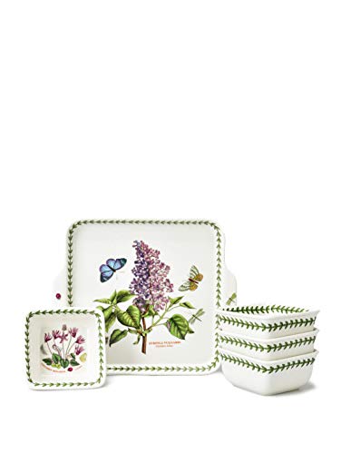 Portmeirion Botanic Garden 5-Piece Accent Bowl Set | 8 Inch Handled Plate with 3.75 Inch Square Bowls | Assorted Floral Motifs | Made from Porcelain | Microwave and Dishwasher Safe