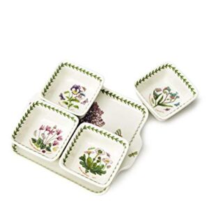 Portmeirion Botanic Garden 5-Piece Accent Bowl Set | 8 Inch Handled Plate with 3.75 Inch Square Bowls | Assorted Floral Motifs | Made from Porcelain | Microwave and Dishwasher Safe