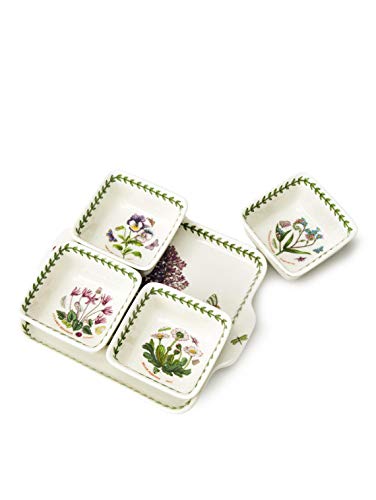 Portmeirion Botanic Garden 5-Piece Accent Bowl Set | 8 Inch Handled Plate with 3.75 Inch Square Bowls | Assorted Floral Motifs | Made from Porcelain | Microwave and Dishwasher Safe