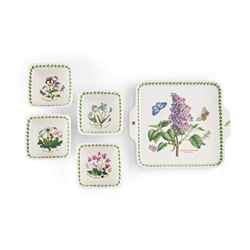 Portmeirion Botanic Garden 5-Piece Accent Bowl Set | 8 Inch Handled Plate with 3.75 Inch Square Bowls | Assorted Floral Motifs | Made from Porcelain | Microwave and Dishwasher Safe