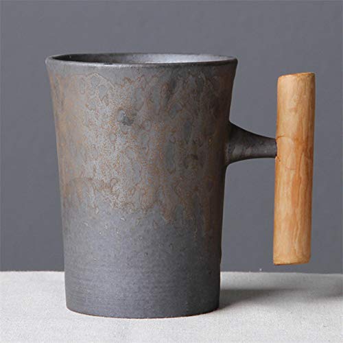 Rewhey Japanese-style Vintage Ceramic Coffee Mug Tumbler Rust Glaze Tea Milk Beer Mug with Wood Handle Water Cup Home Office Drinkware (Style-2 B)