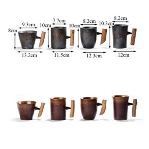 Rewhey Japanese-style Vintage Ceramic Coffee Mug Tumbler Rust Glaze Tea Milk Beer Mug with Wood Handle Water Cup Home Office Drinkware (Style-2 B)