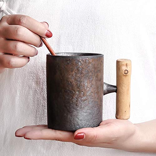 Rewhey Japanese-style Vintage Ceramic Coffee Mug Tumbler Rust Glaze Tea Milk Beer Mug with Wood Handle Water Cup Home Office Drinkware (Style-2 B)