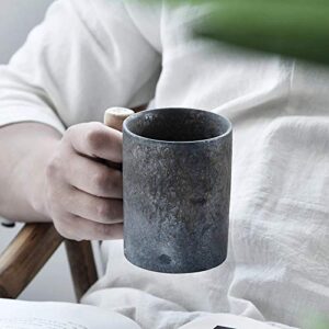 Rewhey Japanese-style Vintage Ceramic Coffee Mug Tumbler Rust Glaze Tea Milk Beer Mug with Wood Handle Water Cup Home Office Drinkware (Style-2 B)