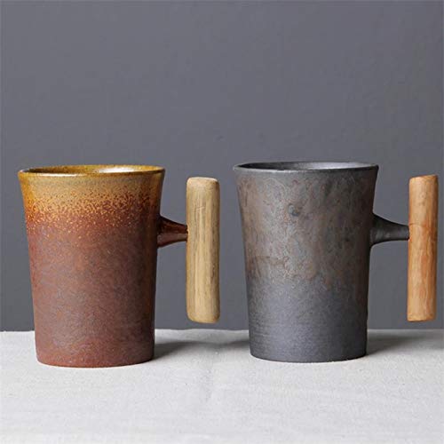 Rewhey Japanese-style Vintage Ceramic Coffee Mug Tumbler Rust Glaze Tea Milk Beer Mug with Wood Handle Water Cup Home Office Drinkware (Style-2 B)