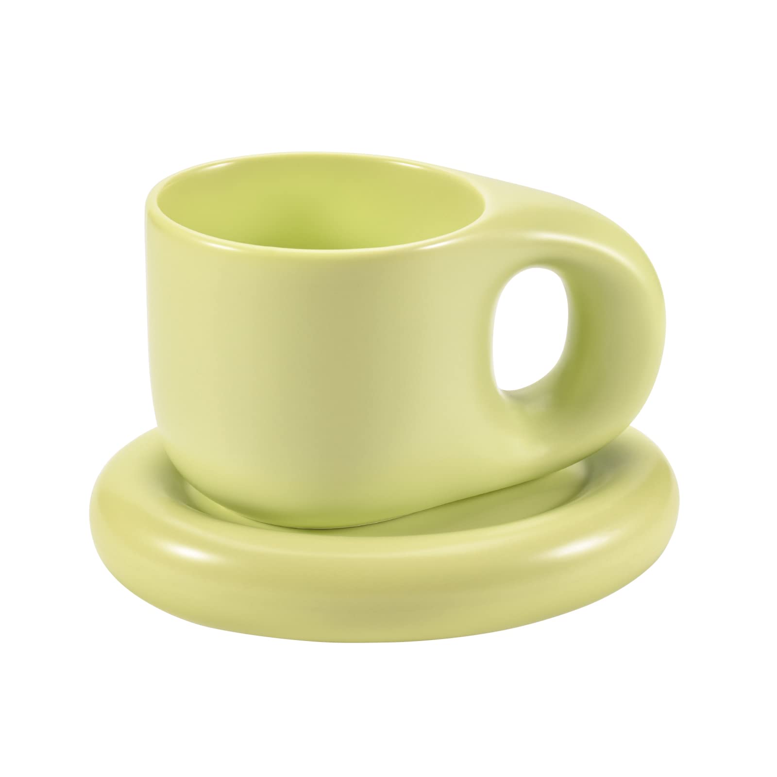 Koythin Ceramic Coffee Chubby Mug Saucer Set, Creative Cute Fat Handle Cup with Saucer for Office and Home, Dishwasher and Microwave Safe, 10 oz for Latte Tea Milk (Green)