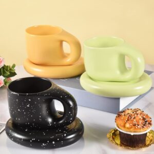 Koythin Ceramic Coffee Chubby Mug Saucer Set, Creative Cute Fat Handle Cup with Saucer for Office and Home, Dishwasher and Microwave Safe, 10 oz for Latte Tea Milk (Green)