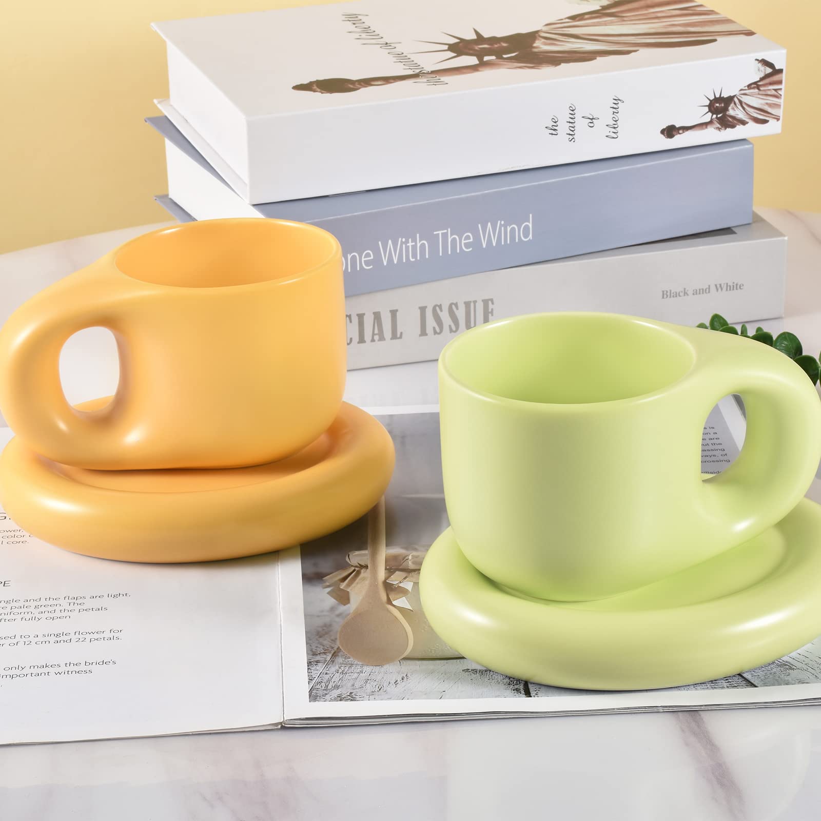 Koythin Ceramic Coffee Chubby Mug Saucer Set, Creative Cute Fat Handle Cup with Saucer for Office and Home, Dishwasher and Microwave Safe, 10 oz for Latte Tea Milk (Green)