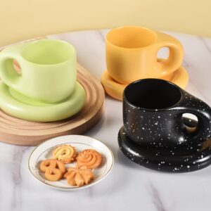 Koythin Ceramic Coffee Chubby Mug Saucer Set, Creative Cute Fat Handle Cup with Saucer for Office and Home, Dishwasher and Microwave Safe, 10 oz for Latte Tea Milk (Green)