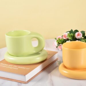 Koythin Ceramic Coffee Chubby Mug Saucer Set, Creative Cute Fat Handle Cup with Saucer for Office and Home, Dishwasher and Microwave Safe, 10 oz for Latte Tea Milk (Green)