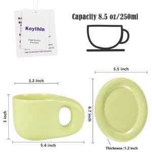 Koythin Ceramic Coffee Chubby Mug Saucer Set, Creative Cute Fat Handle Cup with Saucer for Office and Home, Dishwasher and Microwave Safe, 10 oz for Latte Tea Milk (Green)