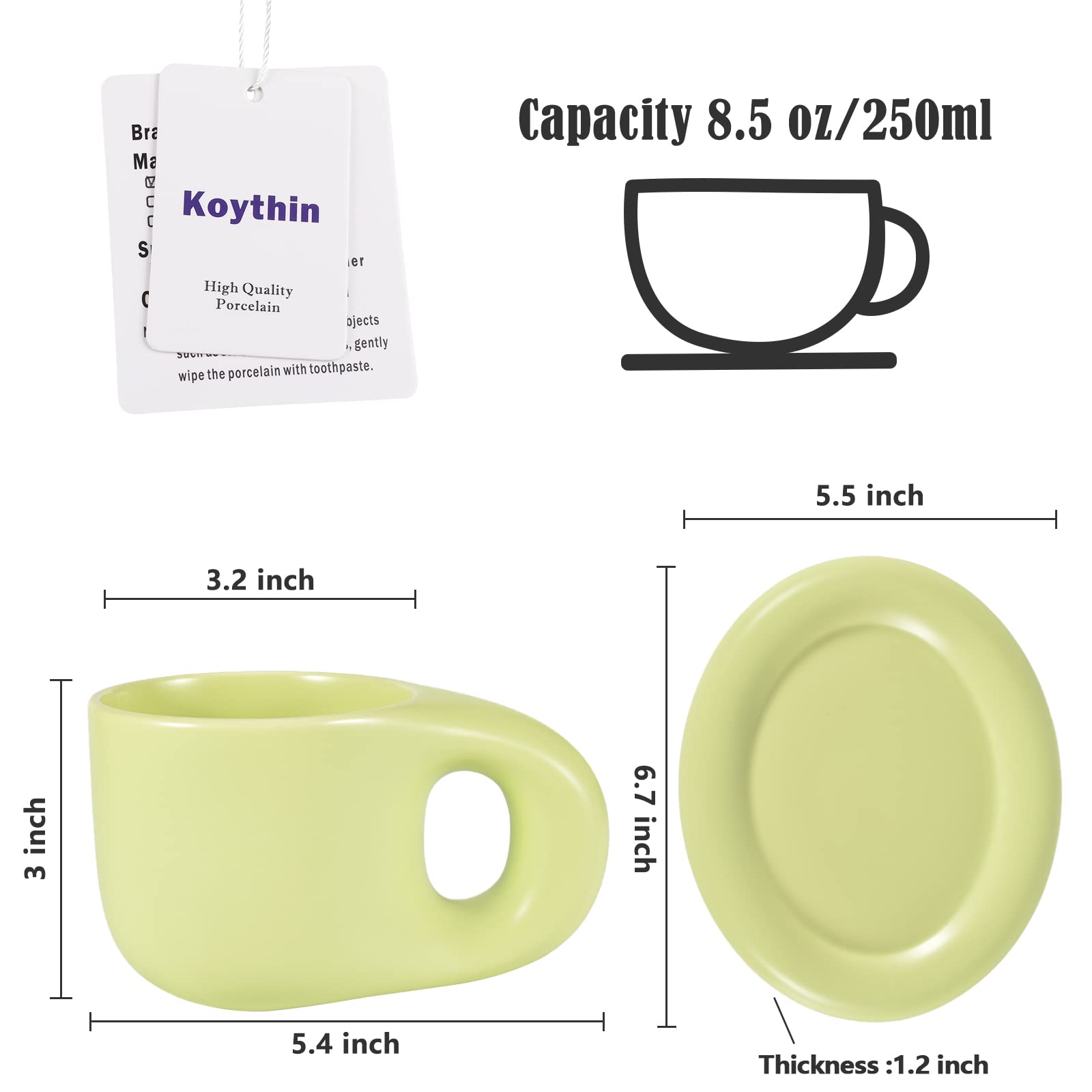 Koythin Ceramic Coffee Chubby Mug Saucer Set, Creative Cute Fat Handle Cup with Saucer for Office and Home, Dishwasher and Microwave Safe, 10 oz for Latte Tea Milk (Green)