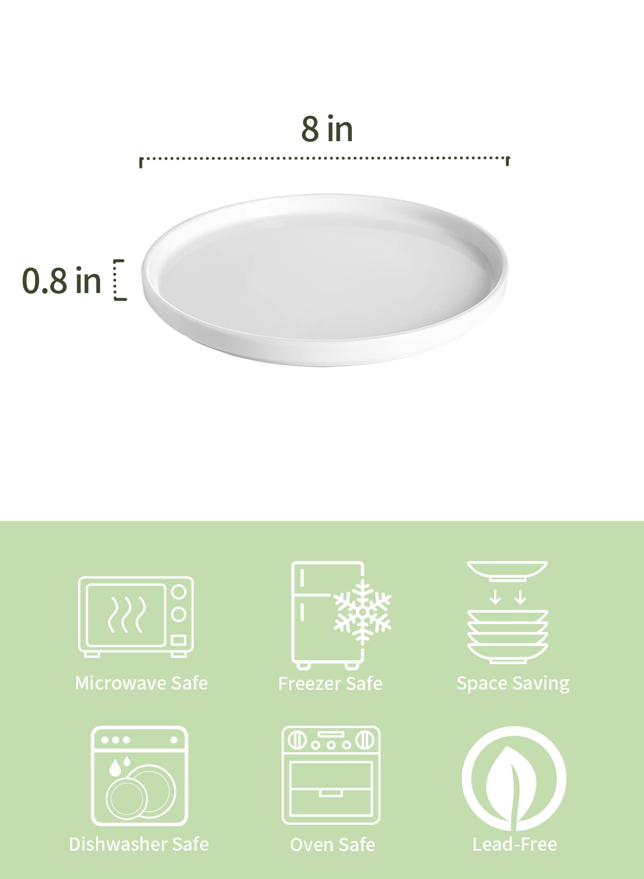 Onniyor Porcelain Dinner Plates Set, Round Dessert Salad Plates, 8 inch Serving Dishes, Scratch Resistant Flat Plates, Microwave, Oven, and Dishwasher Safe, Set of 6, White