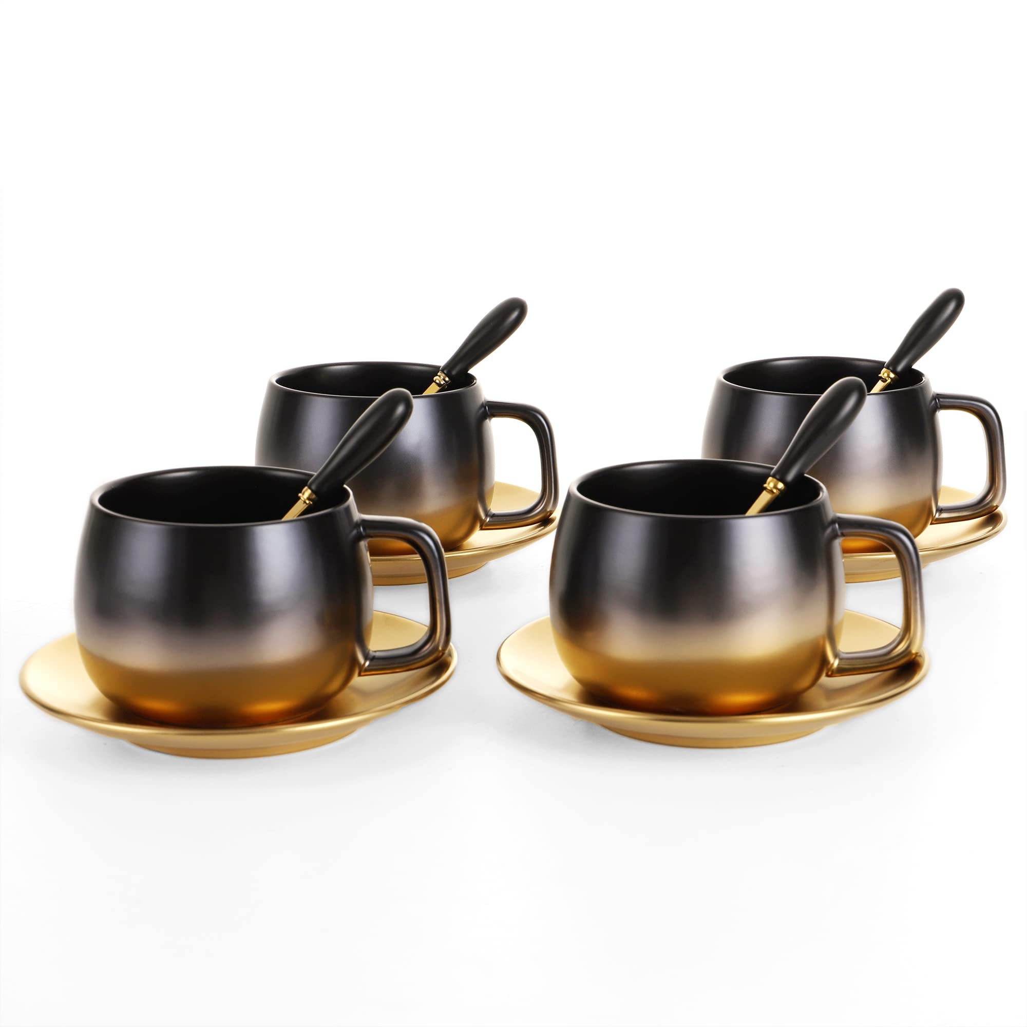 lavekywasa European Style Tea Coffee Cup Set Black Gold Gradual Vintage Ceramic Cup Coffee Mug With Spoon&Saucer Set Used for Latte, Americano, Cappuccino, Tea, Beer (4 pack)