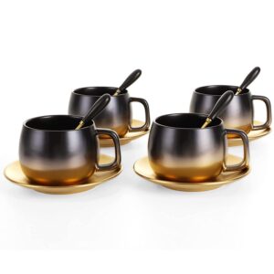 lavekywasa European Style Tea Coffee Cup Set Black Gold Gradual Vintage Ceramic Cup Coffee Mug With Spoon&Saucer Set Used for Latte, Americano, Cappuccino, Tea, Beer (4 pack)