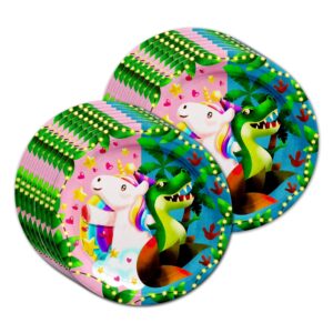 Unicorns & Dinos Joint Birthday Party Supplies Set Plates Napkins Cups Tableware Kit for 16