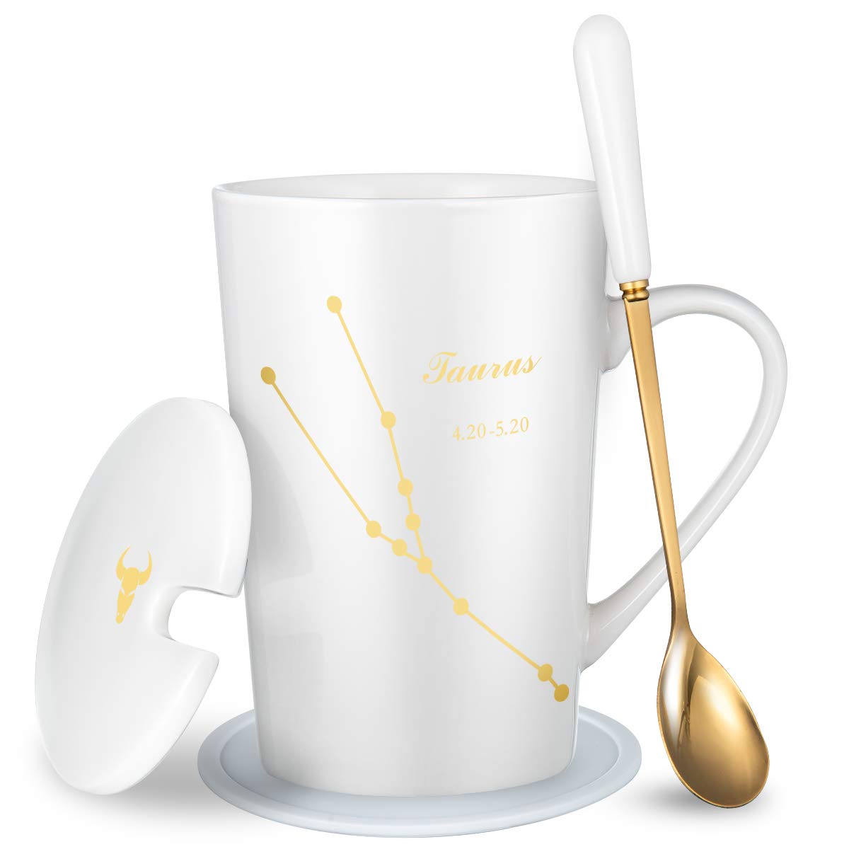 Fullcci -15oz Taurus Birthday Gift Ceramic Creative Constellation Zodiac Coffee Mug Set Capacity Upgrade Tea Cup for Cocoa Water Milk Juice (Taurus-White Gold)